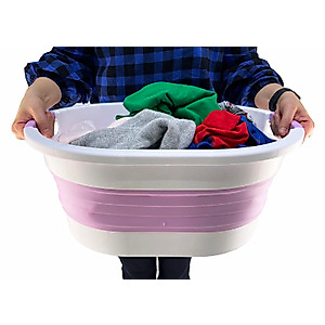 SAMMART 23L (6 gallon) Collapsible Plastic Laundry Basket - Foldable Pop Up Storage Container/Organizer - Portable Washing Tub - Space Saving Hamper/Basket (1, White/Pale Purple)