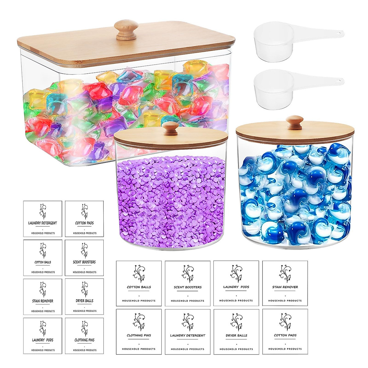 3 Pack Laundry Powder Container & Dryer Sheet Holder, Large Acrylic Laundry Room Organization and Storage Jars with Lids, Labels and Scoops, Laundry Organizer for Pods, Soap, Detergent, Scent Booster