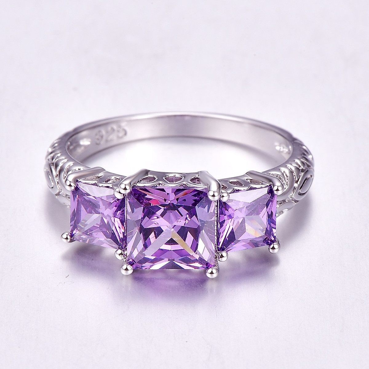 Psiroy 925 Sterling Silver Plated Princess Cut Simulated Amethyst 3 Stones Engagement Ring for Women Size 6