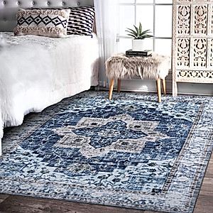 MilleLoom 10x13 Area Rugs, Stain Resistant Washable Rugs with Non-Slip Backing, Large Rugs for Living Room, Bedroom - Soft & Low Pile Vintage Area Rug,Blue