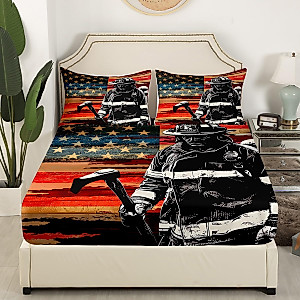 Firefighter Kids Sheet Queen Size,American Flag Retro Bedding Set,Boys Men Room Decor,Fireman Firefighting Theme Red Black Bed Sheet Set 4pcs(Fitted + Flat + 2 Pillowcases)