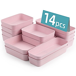 Joyask 14 PCS Desk Drawer Organizer Large Bathroom Drawer Organizers Pink Wheat Straw Vanity Organizers Trays for Drawers 3-Size Makeup Drawer Organizer Fits Makeup Bedroom Kitchen and Office