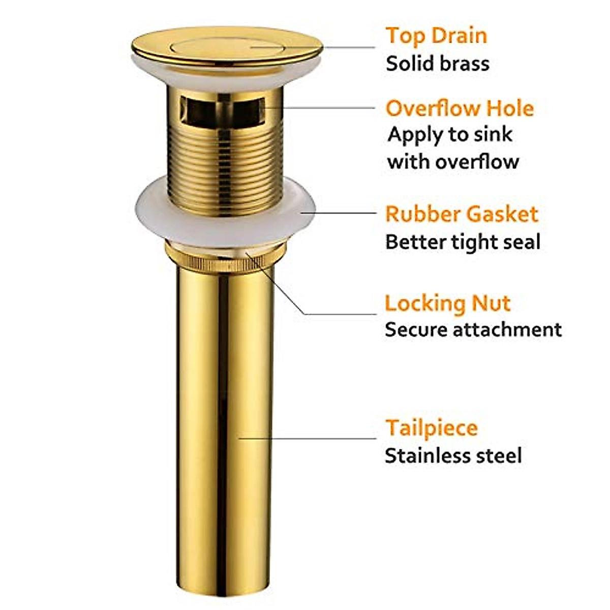 Bathroom Sink Drain Gold, Angle Simple Brass Pop Up Drain, Vanity Sink Stopper Drain Assembly, with Overflow