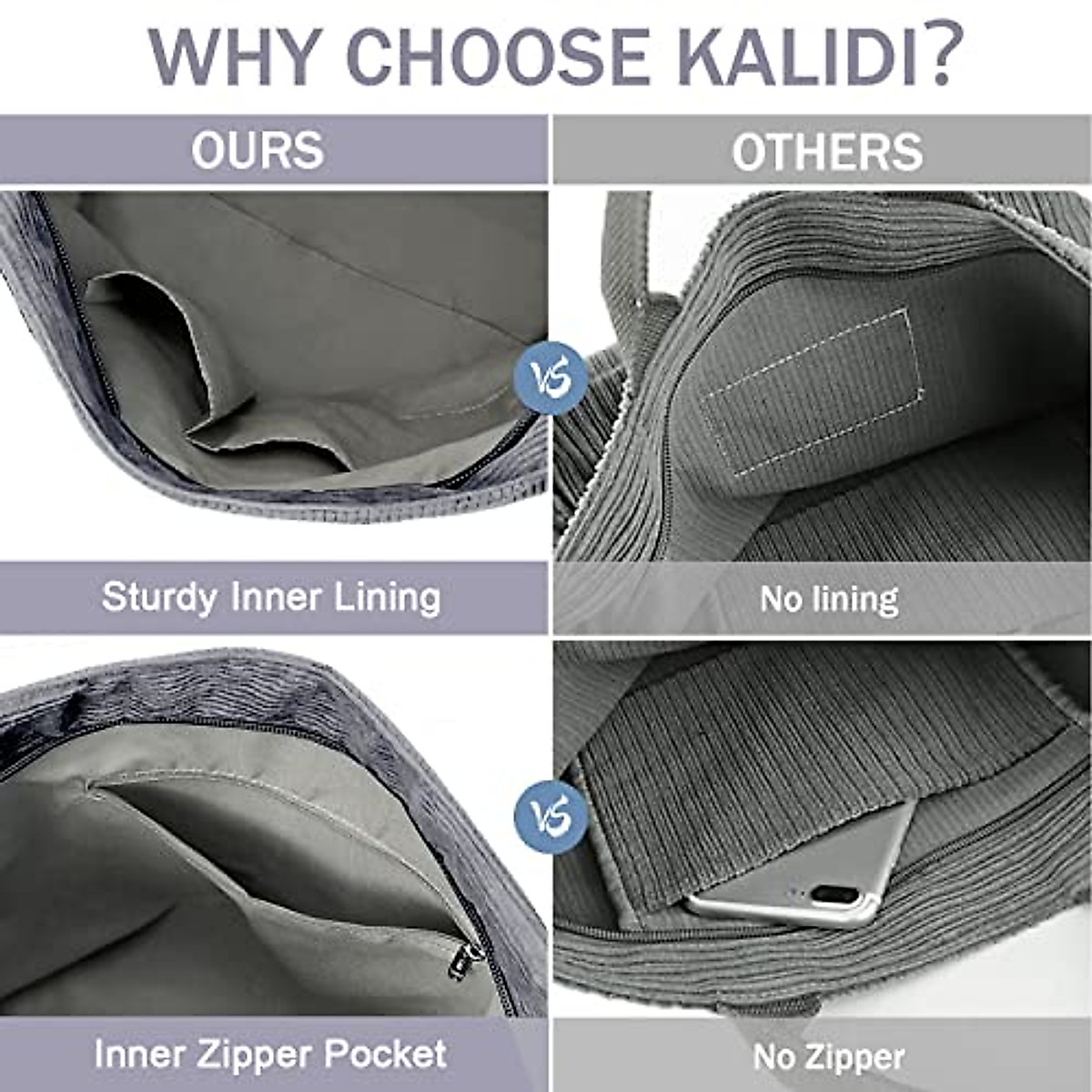 KALIDI Corduroy Tote Bag, Large Messenger Bag Shoulder Hobo Anti Splash Crossbody Zipper Bag Casual Work Shopping Women Grey Blue