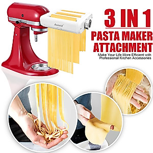 Pasta Maker Attachment for ALL KitchenAid Stand Mixers,Noodle Maker Kitchen Aid Mixer Accessories 3-in-1 Including Dough Roller Spaghetti Fettuccine Cutter and Cleaning Brush - Pasta Roller and Cutter