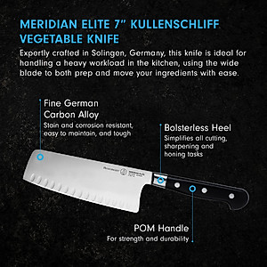 Messermeister Meridian Elite 7” Kullenschliff Vegetable Knife - Fine German Steel Alloy Blade - Rust Resistant & Easy to Maintain
