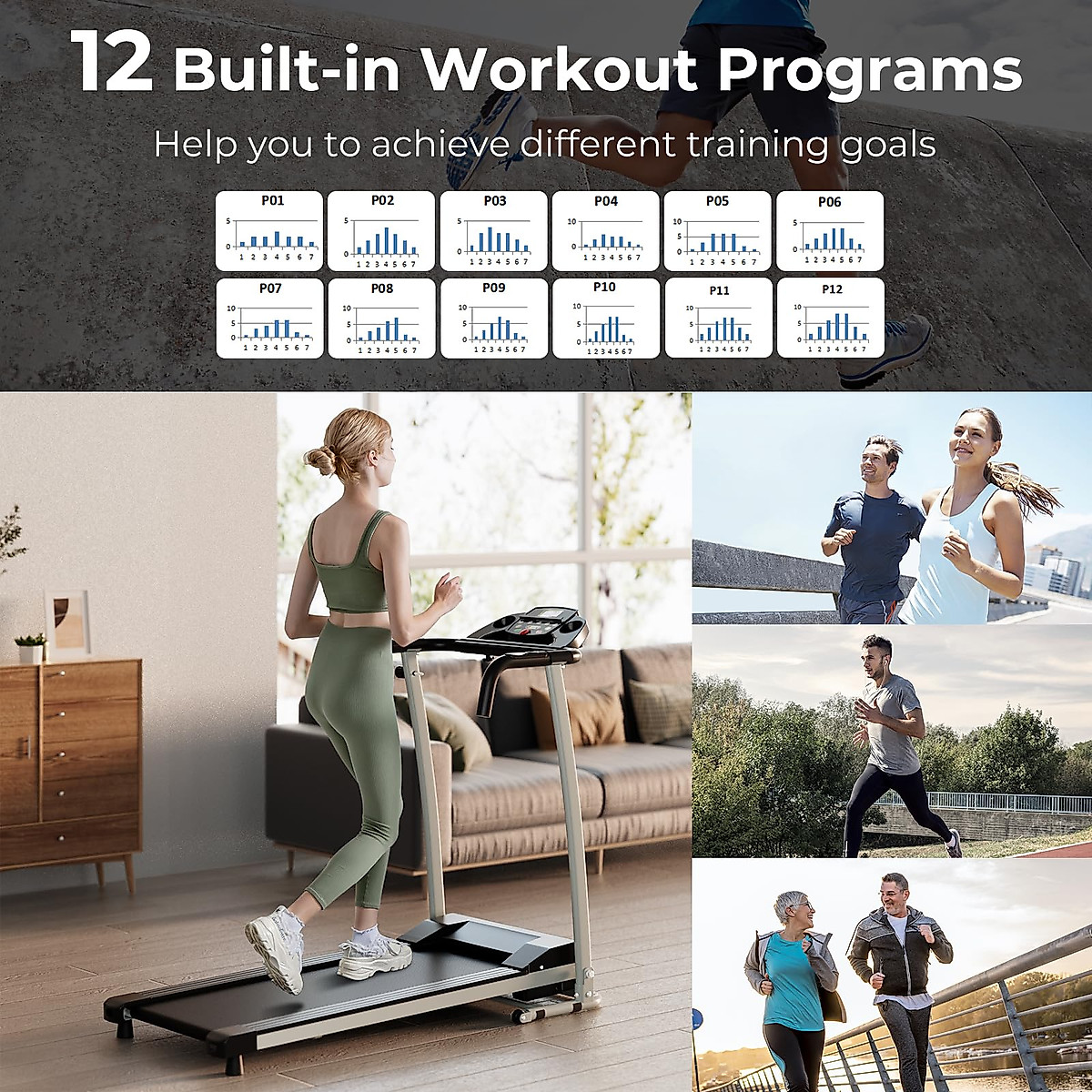 GYMAX Foldable Treadmill, Freestanding Easy Assembly Folding Treadmill with 12 Preset Programs, LCD Monitor, Built-in Wheels & Pulse Sensor, Portable Compact Running Machine for Small Space (Black)