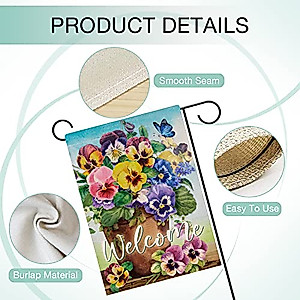 Hzppyz Welcome Spring Pansy Floral Garden Flag Double Sided, Flower Pot Arrangement Decorative House Yard Lawn Outdoor Small Decor, Summer Holiday Butterfly Farmhouse Home Outside Decorations 12 x 18