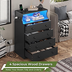 DICTAC Black Drawer Dresser for Bedroom with LED Lights, Chest of 4 Drawers with Charging Station, Tall Dresser with Large Storage Space, Wooden Storage Tower Organizer