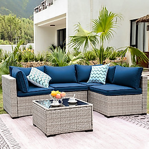 NATURAL EXPRESSIONS Patio Furniture Set Outdoor Furniture Sectional Sofa 5 Piece Wicker All Weather Outdoor Couch with Tempered Glass Coffee Table & Olefin Cushions for Deck Backyard Balcony Sun Rooms