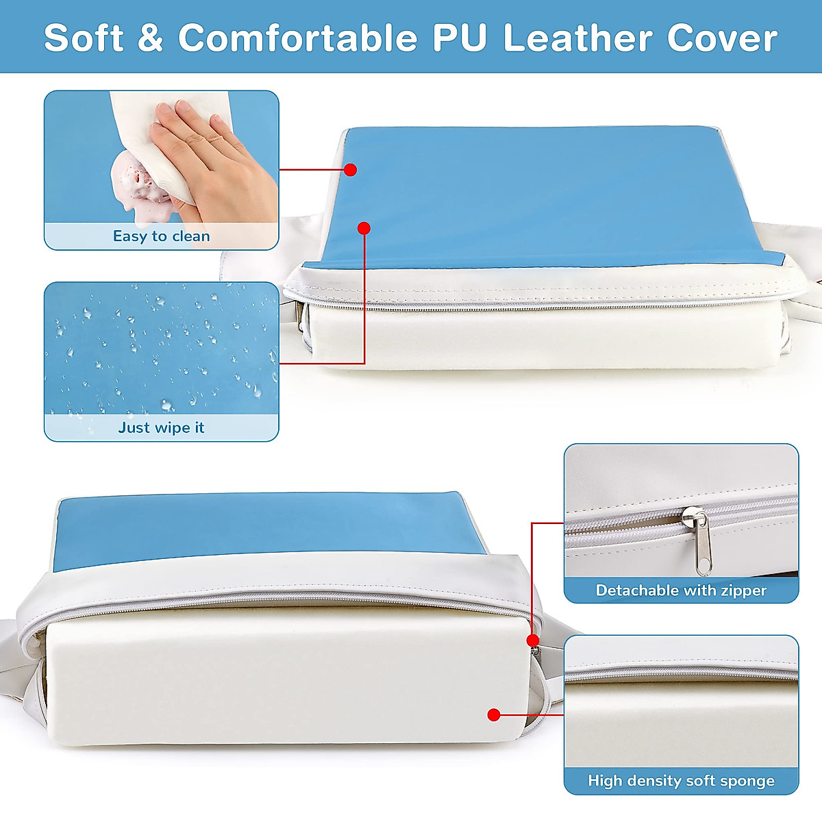 OTTOLIVES Toddler Booster Seat for Dining Table Thick Increasing Waterproof PU Washable Cushion with 2 Adjustable Straps Safety Buckle (Blue)