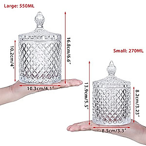 BTSKY Set of 2 Crystal Decorative Jars Glass Qtip Holder with Lids Clear Cotton Swab Holder Apothecary Jar for Bathroom Canisters Classy Candy Dish Decor Jewelry Box for Office Vanity, Large+Small