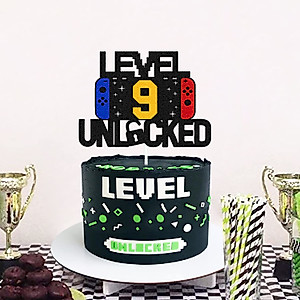 Level 9th Unlocked Sign Cake Topper Happy 9th Birthday Level Up Tenth Cake Decorations for Video Game Controller Themed Kids Boy Girl Bday Party Supplies Double Sided