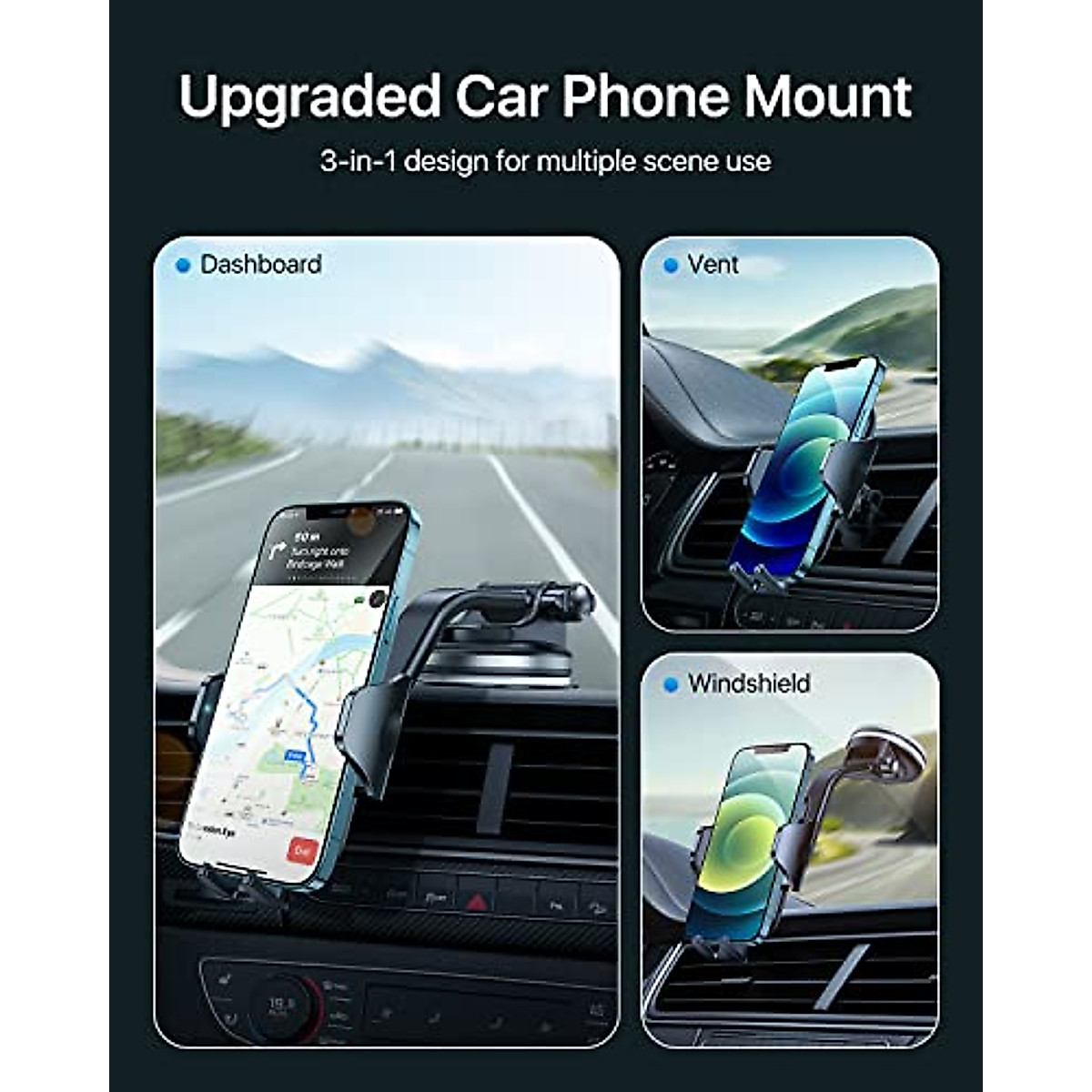 andobil Dashboard Car Phone Holder [Military Sturdy, Big Phone Friendly] Ultra Stable 3 in 1 Cell Phone Mount for Car Windshield Vent Fit for iPhone 14 13 12 Pro Max Plus Samsung S23 S22 All Phones