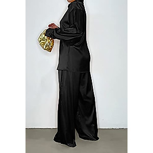 PRETTYGARDEN Women's 2 Piece Satin Outfits Long Sleeve Button Down Tops Wide Leg Pants Silk Loungewear Pajama Sets (Black,Large)