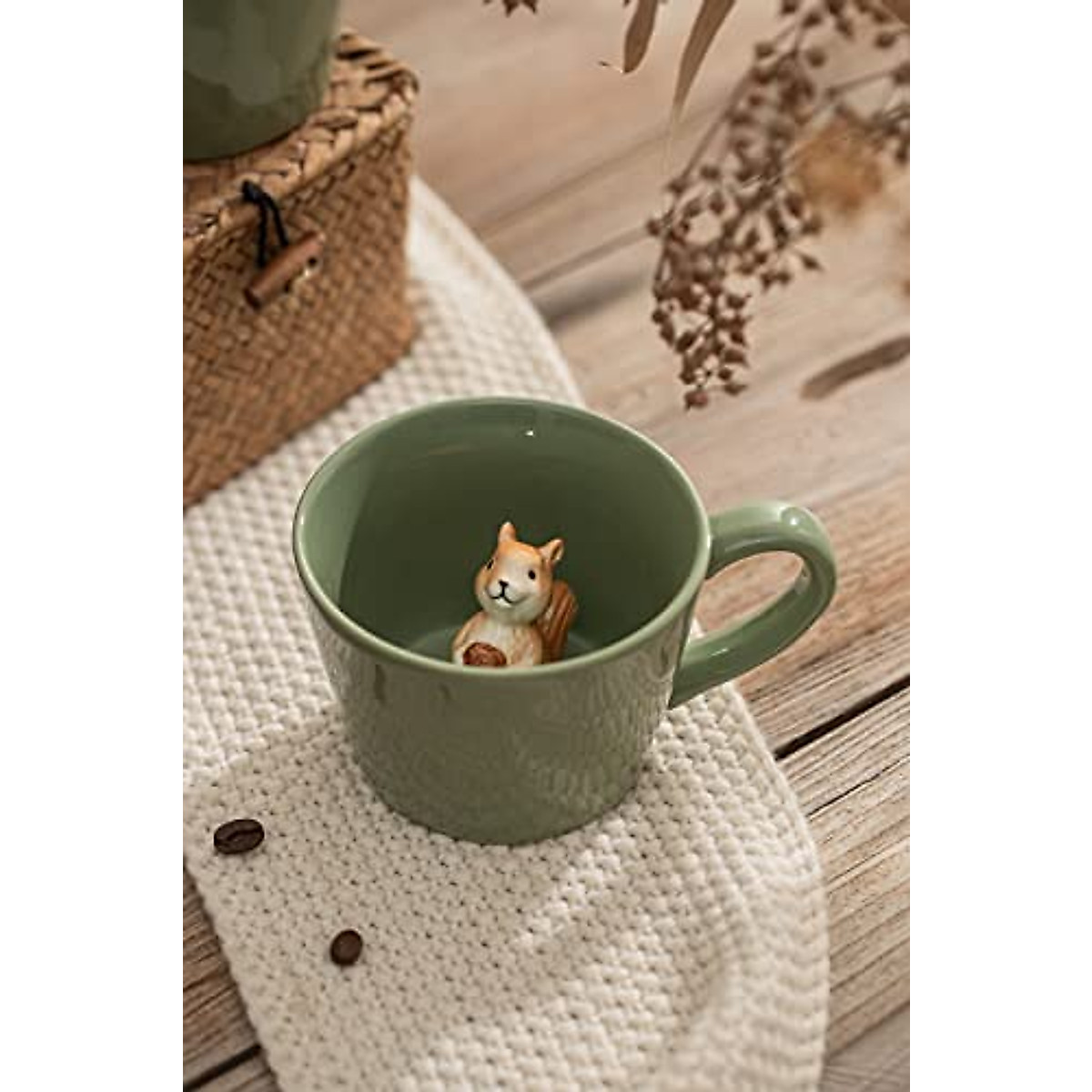 DIHOclub Squirrel Ceramic Cup Hidden 3D Animal Inside Mug,Cute Cartoon Handmade Figurine Mugs,Holiday and Birthday Gift for Coffee Milk Tea Lovers,12 OZ(Light Green)