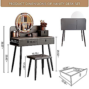 DOLILO 35" Vanity Desk with Mirror and Lights, Makeup Vanity with Lights, 3 Modes Brightness Adjustable, Vanity Mirror with Lights and Table Set with Vanity Stool 3 Sliding Drawers (Iron Grey)