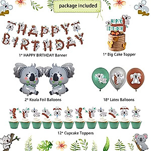 Moptrek Birthday Party Decorations Supplies with Koala Birthday Banner,Koala Foil and Latex Balloons,Cake Topper and Cupcake Toppers for Kids Koala Themed Birthday Party or Baby Shower Decorations