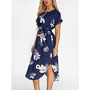 TEMOFON Women's Dresses Summer Floral Short Sleeve Midi V-Neck Casual Dress with Belt Blue Flower M
