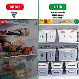 Fruit Storage Containers for Fridge with Airtight Lid & Handle - Refrigerator Food Storage Containers with 4 Removable Colanders, Vegetable Berry Keep Fresh Containers | BPA-Free(Grey)