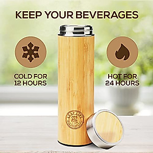 LeafLife Sustainable Bamboo Tumbler with Tea Infuser & Strainer 12oz - Keeps Liquid Hot & Cold for 12 Hrs - Vacuum Insulated Stainless Steel Travel Mug - Infuser Bottle for Loose Leaf Tea & Coffee