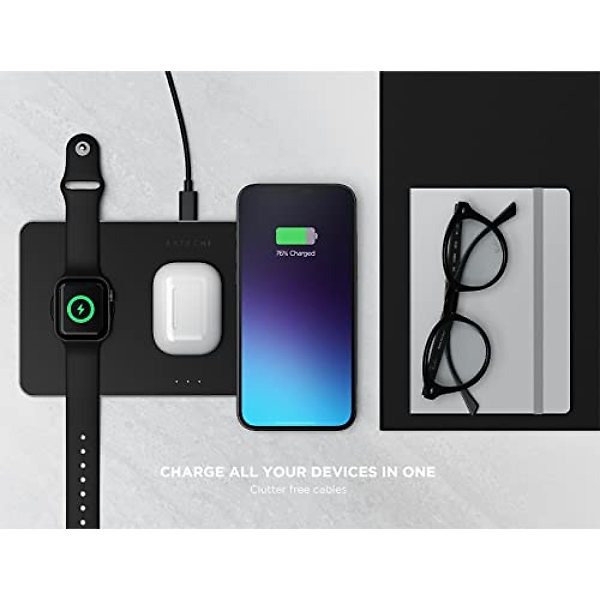 Satechi Trio Wireless Charger with Magnetic Pad –Qi Certified–Compatible with iPhone 13 Pro Max/13 Pro/13, iPhone 12 Pro Max/12 Pro/12, AirPods Pro/Gen 3, Apple Watch Ultra & Series 8/7/SE/6/5/4/3/2/1