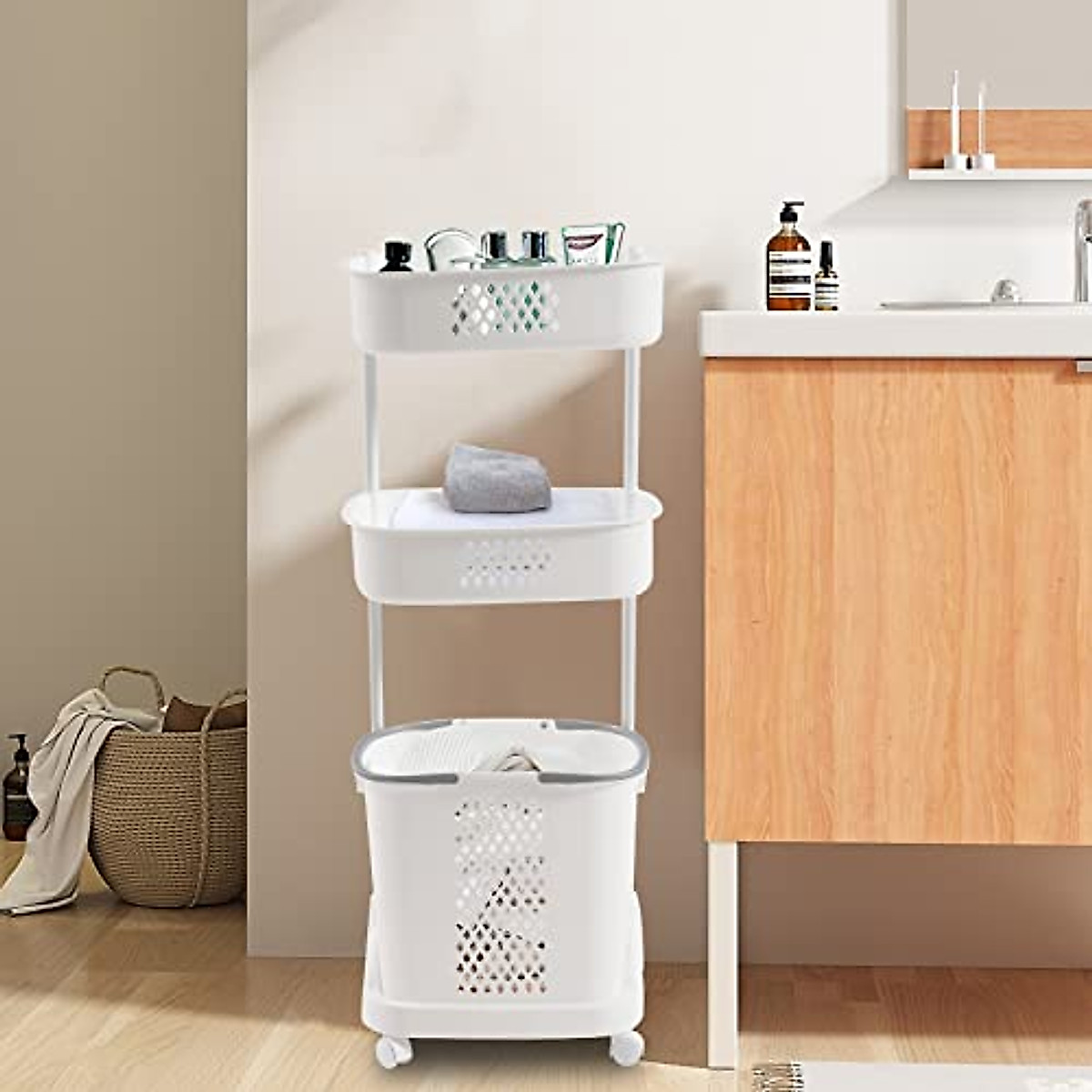 Removable Basket Laundry Cart with Clothes Rack, Multi-layer Clothes Storage Laundry Basket, Bathroom Rolling Household Dirty Clothes Baskets Stand for Bathroom Laundry (Style2)