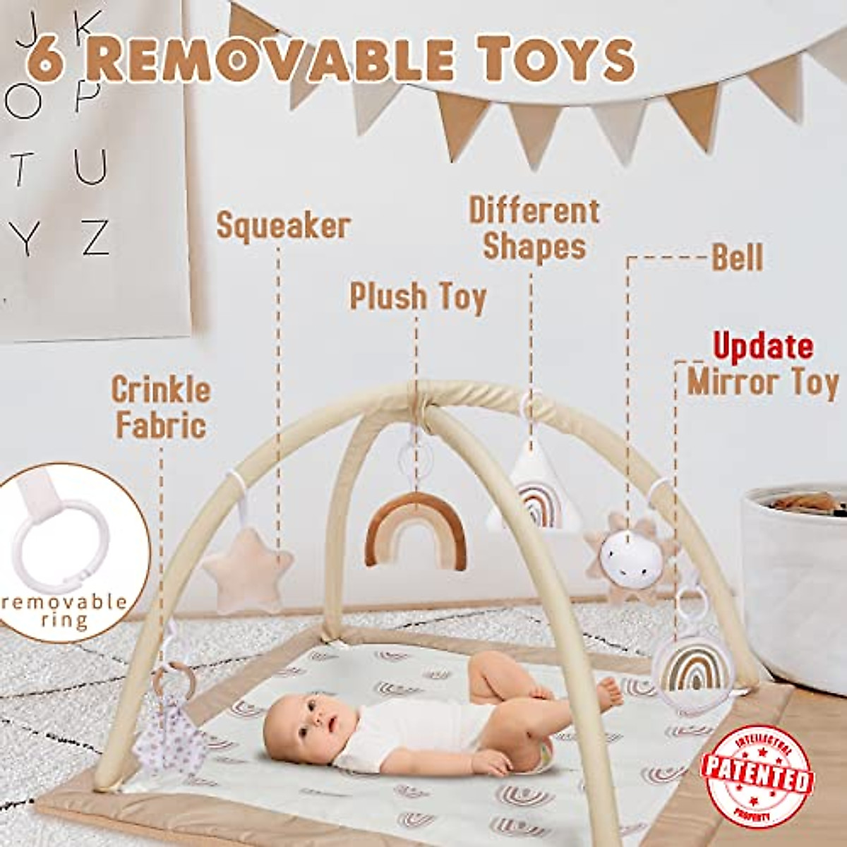 Washable Baby Gym Activity Center with Play Mat, Rainbow Early Development Playmats, 6 Toys for Infant & Toddler, Larger, Non Slip