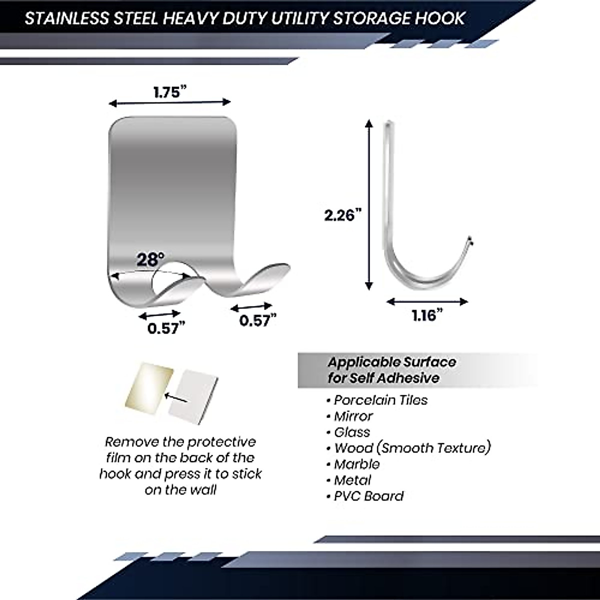 Performore 2 Pack of Stainless Steel Double Hook Hangers with Flat Back and 3M Foam Adhesive, Adhesive Shower Hooks, Razor Holder, Towel Hangers for Bathroom or Kitchen Wall