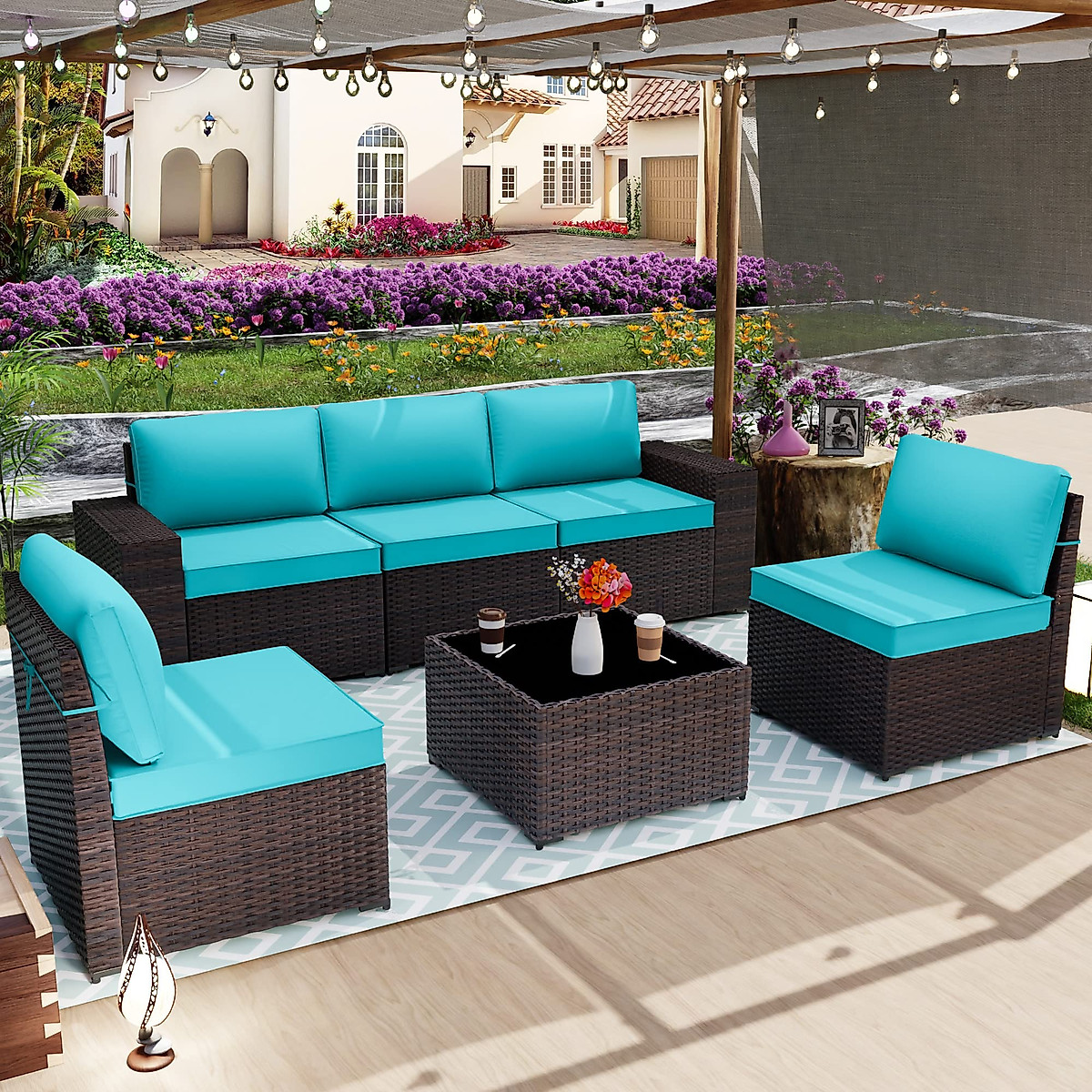 ALAULM 6 Pieces Patio Furniture Set Sectional Sofa Set Outdoor Furniture All Weather Brown PE Rattan Patio Conversation Set w/5 Blue Seat Cushions and 1 Coffee Table