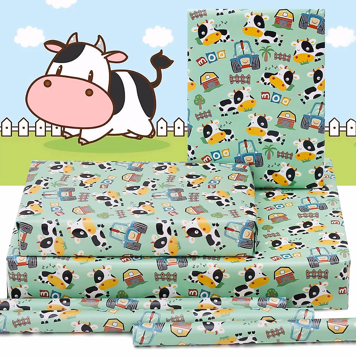 NEPOG Farm Cow Wrapping Paper for Boys Girls Kids, Cute Cow Farmhouse Tractor Farm Theme Design Green Birthday Paper 6 Sheets Folded Flat 20x28 inches per Sheet for Birthday Party Baby Shower