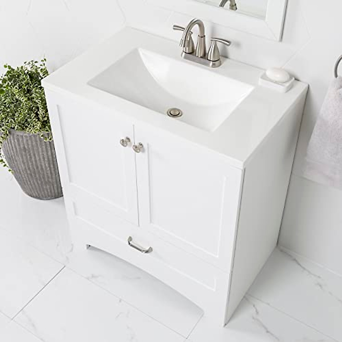 Spring Mill Cabinets Emlyn 30 Inch Bathroom Vanity with White Single Sink Top, 2-Door Cabinet, 1 Drawer, 30.5" W x 18.75" D x 32.89" H, White