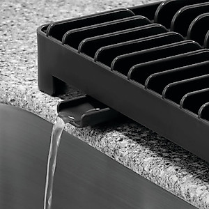 mDesign Compact Kitchen Countertop, Sink Dish Drying Rack with Swivel Spout and Silicone Drying Mat - Drain/Dry Wine Glasses, Bowls and Dishes - Set of 2, Black/Charcoal Gray Drainer and Heat-Safe Mat