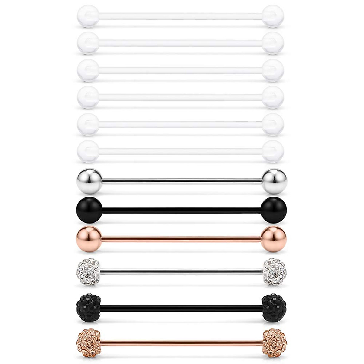 Hoeudjo Industrial Barbell 14G 12Pcs Bioflex Clear Acrylic Earring Retainer Surgical Steel Helix Conch Cartilage Ring Body Piercing Jewelry 1 1/2 Inch(38mm) for Women Men Silver Black Rose Gold