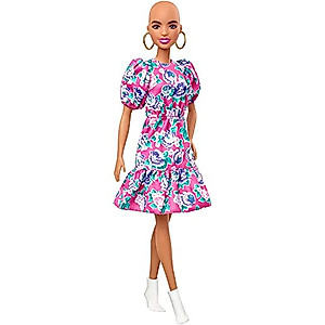 Barbie Fashionistas Doll #150 with No-Hair Look Wearing Pink Floral Dress, White Booties & Earrings, Toy for Kids 3 to 8 Years Old