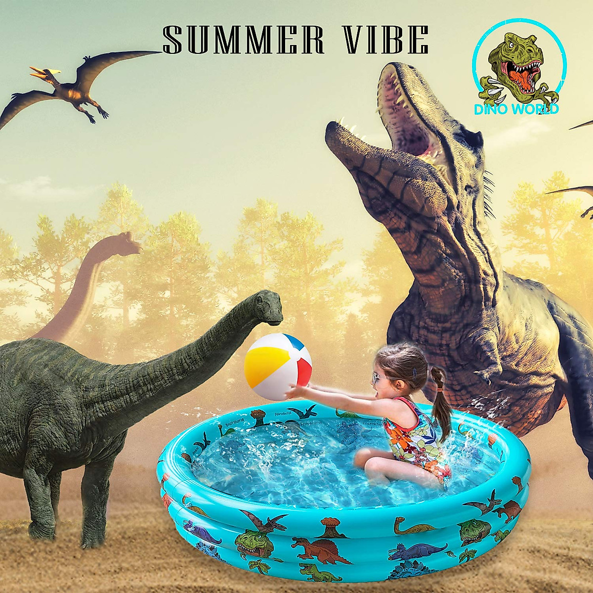 Dinosaur Inflatable Pool for Kids, Dino Kiddie Swimming Pool, Blow Up 3 Rings Round Baby Padding Pool for Outside and Indoor, Toddler Pool Ball Pit/Fishing/Toys Play Center for Garden- 57”x15”