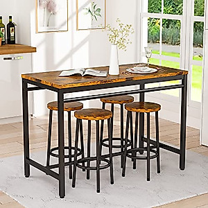 AWQM Bar Table Set, Kitchen Table and Chairs for 4, Industrial Counter Height Pub Dining Set with 4 Round Bar Stools, Heavy Duty Metal Frame, Rustic Brown and Black