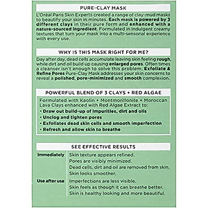 L'Oreal Paris Skincare Pure Clay Face Mask with Red Algae for Clogged Pores to Exfoliate And Refine Pores, Clay Mask, at home face mask, 1.7 oz.