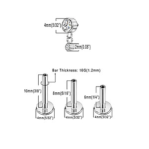 FANSING Clear CZ Dangle Earrings Stud Surgical Steel Silver Cartilage Conch Piercing Jewelry Helix Tragus Earrings Clear CZ End with 16g 6mm 8mm 10mm Internally Threaded Posts