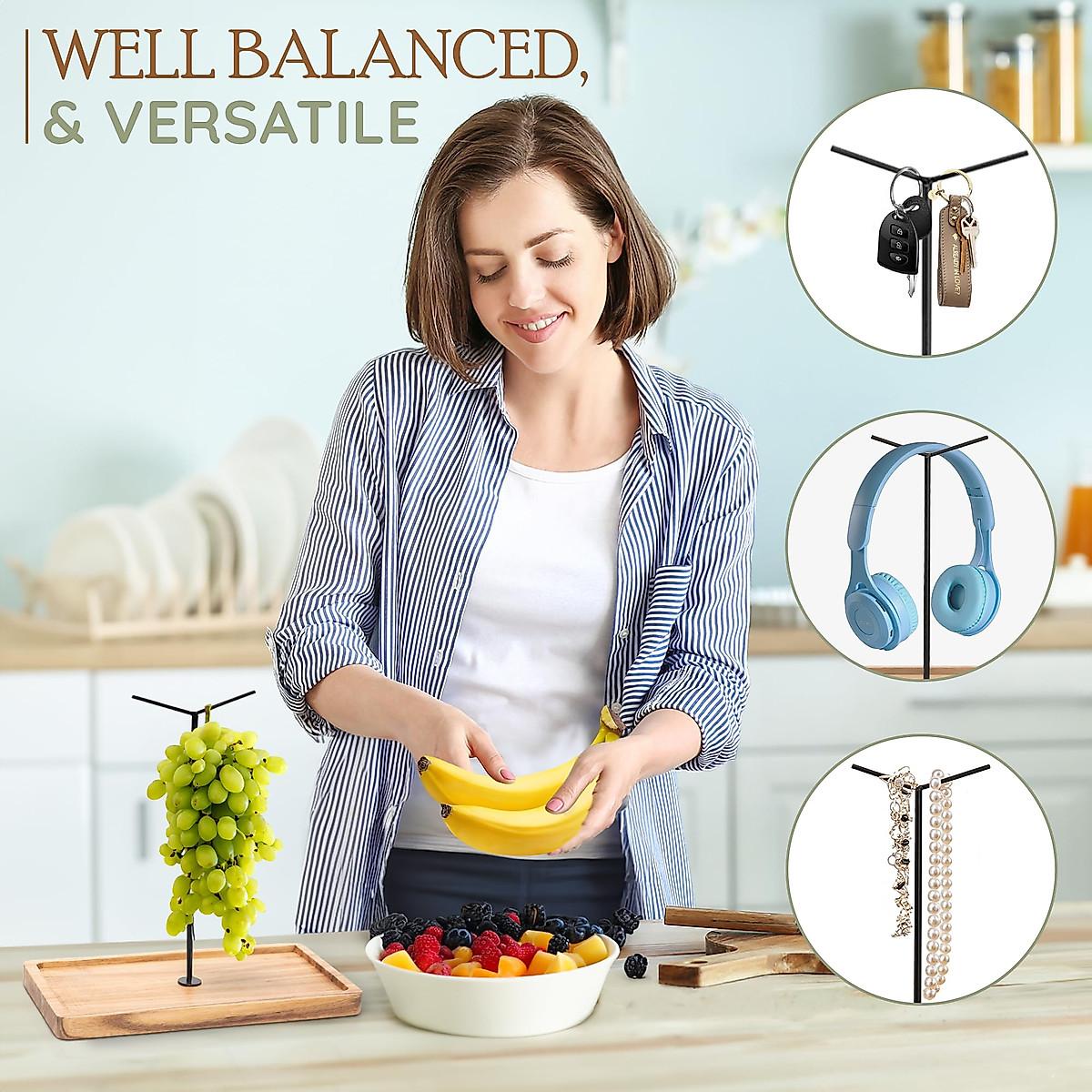 Lush & Lively Banana Holder Stand | Multifunctional Acacia Wood Banana Hanger Stand for Kitchen Counter | Double-sided Banana Hook | Multi-Purpose Banana Tree | Sleek, Stable Fruit Holder