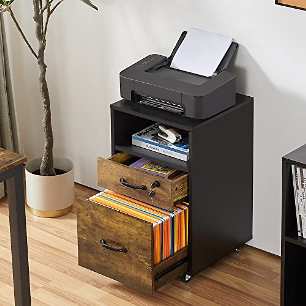Yaheetech Mobile File Cabinet with 2 Drawers and Open Compartment, Under Desk Vertical File Cabinet with Lockable Wheels for A4, Letter Size Hanging File Folders Printer Stand for Home Office