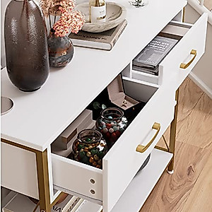 HITHOS Industrial Console Table with Drawers, Vintage Hallway Foyer Table with Storage Shelves, Narrow Long Sofa Entryway Table for Living Room, White/Gold