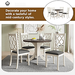 VilroCaz Modern Dining Table Set for 4, Mid-Century Solid Wood 5-Piece Round Set, 42'' with 4 Upholstered Chairs, Anti-Slip Pad and Splayed Feet Small Places (Brown-White)