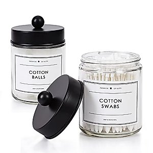 KUSVADO 2-Pack Bathroom Apothecary Storage Jars, Vanity Countertop Canister, Glass Jars Q-tip Holder, Cotton Swab Container, Bathroom Storage Container with 8 Pcs Waterproof Labels (9 Oz, Clear)