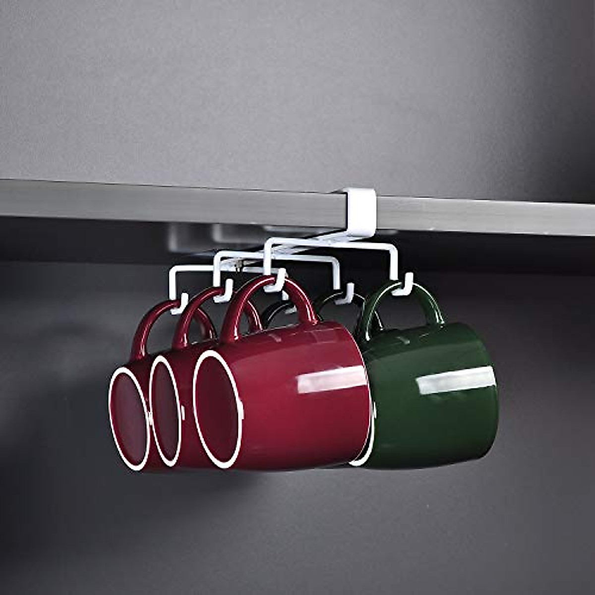 ECROCY Large Mug Holder Under Cabinet, Extra Large Hook Distance Suit for Large Mugs, 2pcs x 6 Hooks Coffee Cup Mug Holder for Kitchen - - Only Fit for Flat Buttom Cabinet Without Any Lip (White)