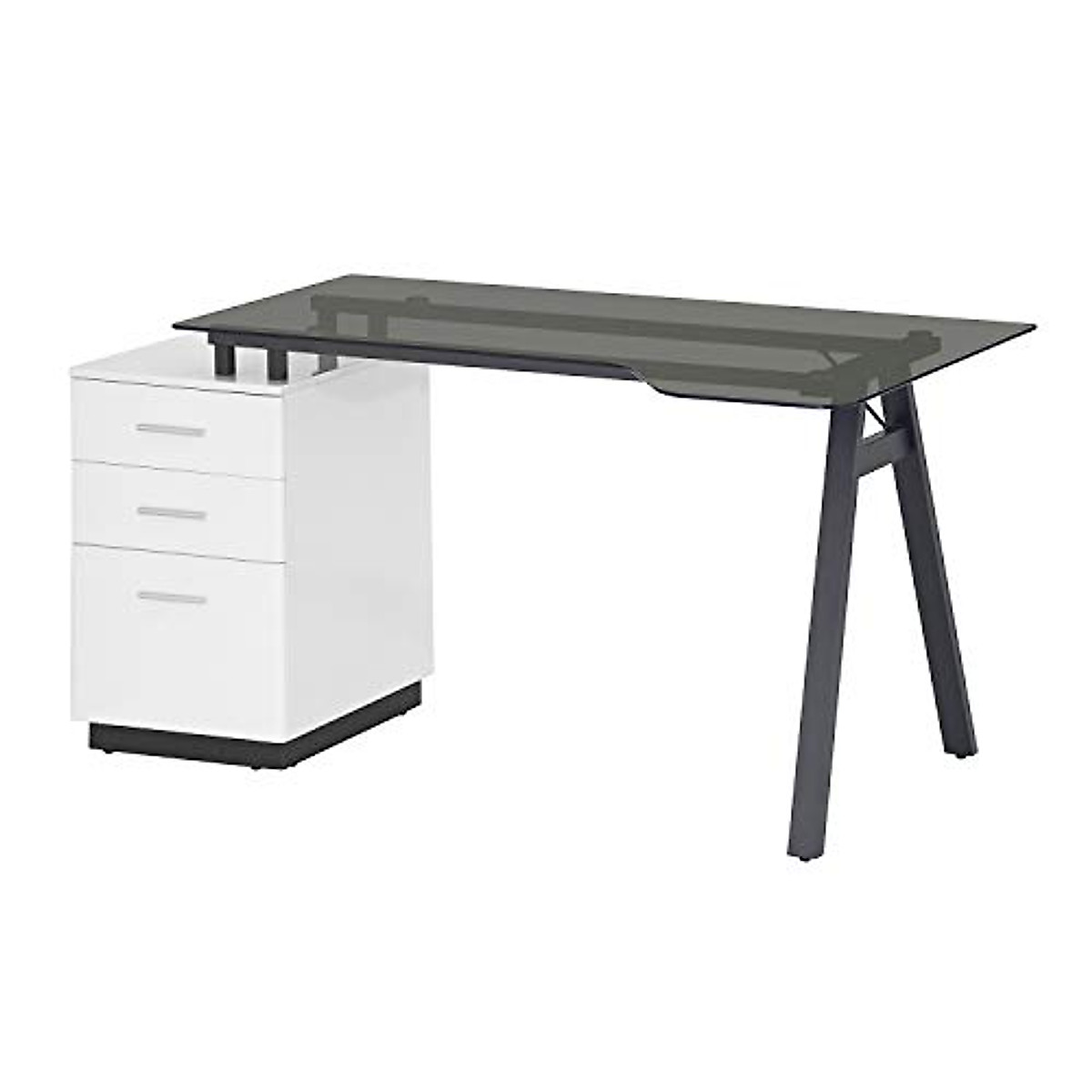 Techni Mobili Modern Smoke Tempered Glass top & Storage Home Office Computer Writing Desk Workstation with Two Cupholders and a Headphone Hook-Pine, 59.5" D x 29.25" W x 29.5" H, White