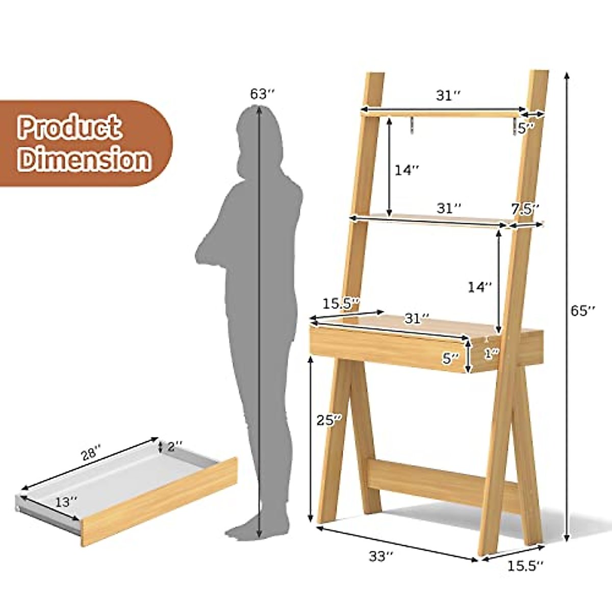 Tangkula Ladder Desk with Countertop & Drawer, Freestanding 2-Tier Ladder Shelf Desk, Modern Computer Desk Laptop Table with Storage Bookshelf, Anti-Toppling Device (Natural)