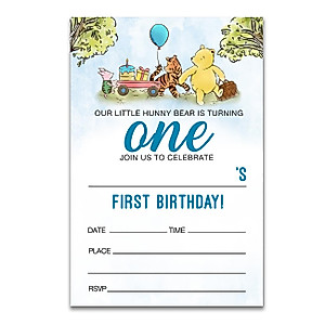 Dolimifa Winnie the Pooh 1st First Birthday Invitations Fill in Style Classic Our Little Hunny Bear 1st Birthday Invites, 20 Count With Envelopes