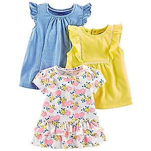 Simple Joys by Carter's Girls' Short-Sleeve Shirts and Tops, Pack of 3, Blue Stripe/White Floral/Yellow, 2T