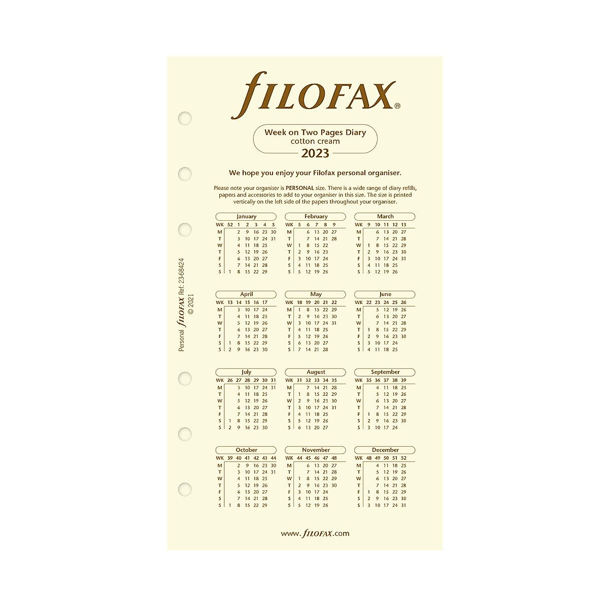 Filofax Refill, Personal/Compact Size, Week-to-View, Cotton Cream Paper, Unruled, English, 2023 (C68424-23)